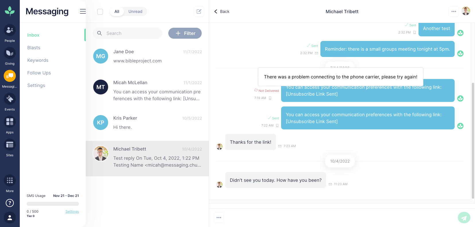 Messaging Inbox Overview – Tithely