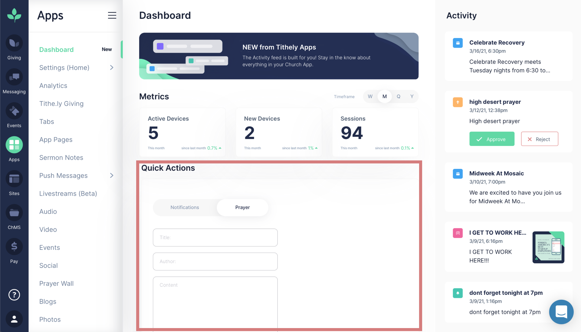 Activity & Quick Actions in the Apps Dashboard – Tithely