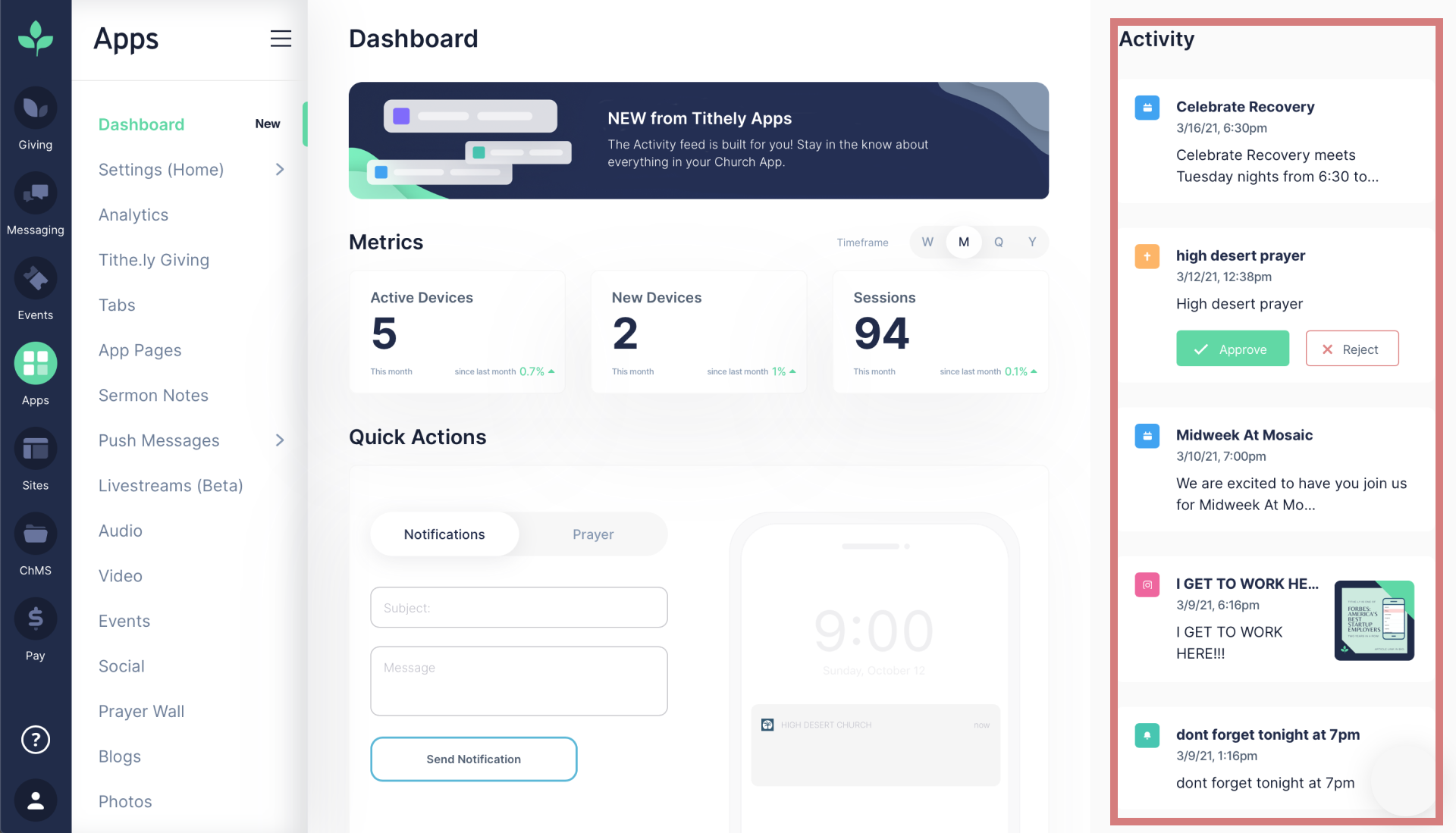 Activity & Quick Actions in the Apps Dashboard – Tithely