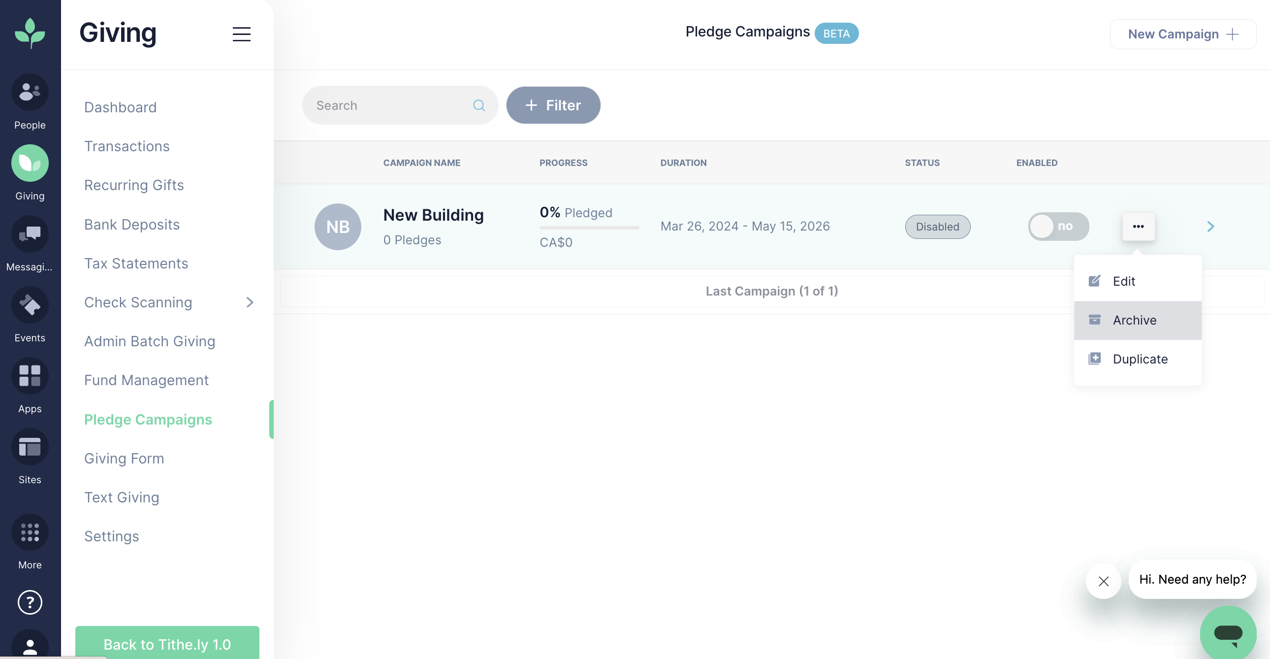 Archiving Pledge Campaigns – Tithely