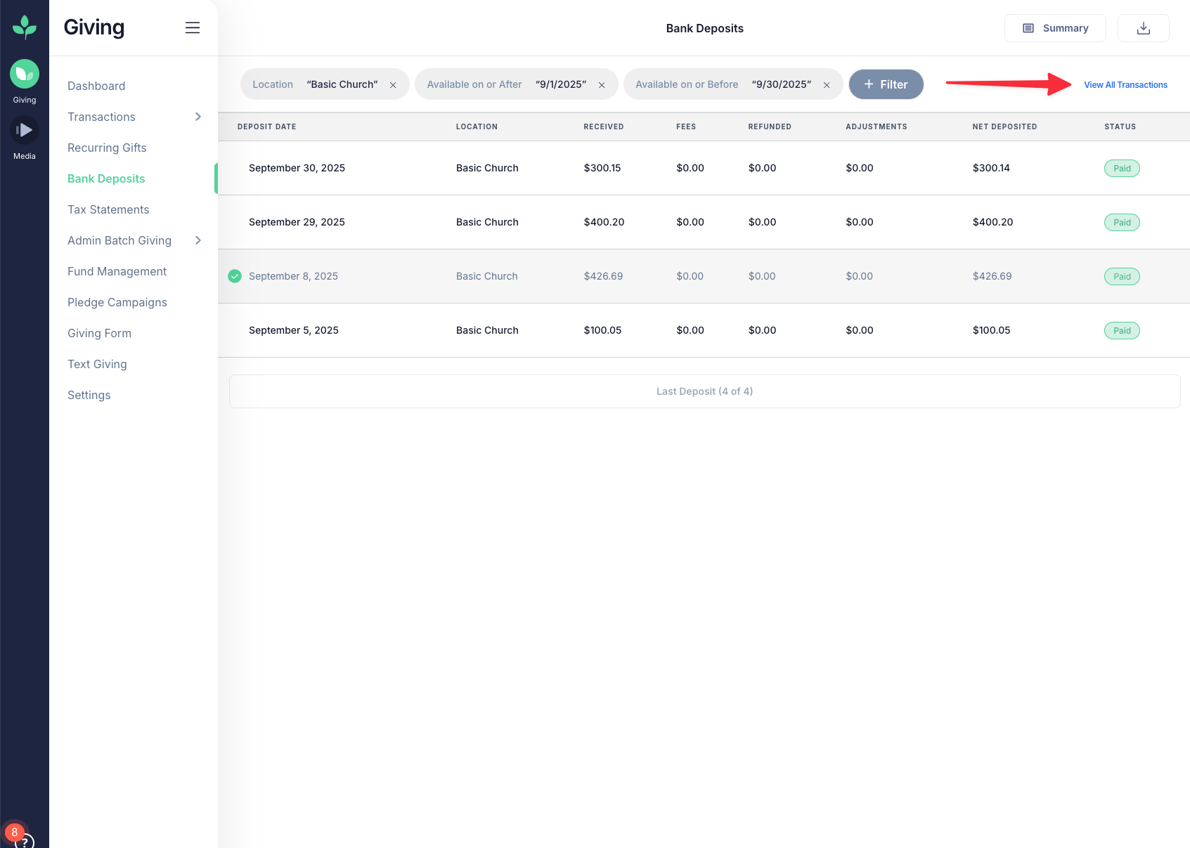 How to View and Export Transactions by Bank Deposit Date – Tithely